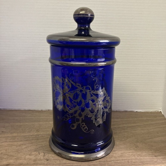 Art | Vintage Free Blown Cobalt Blue Glass Canaster Sterling Silver ...